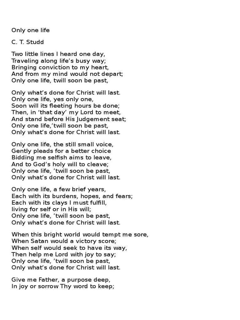 Only One Life: C.T. Studd's Poem | PDF