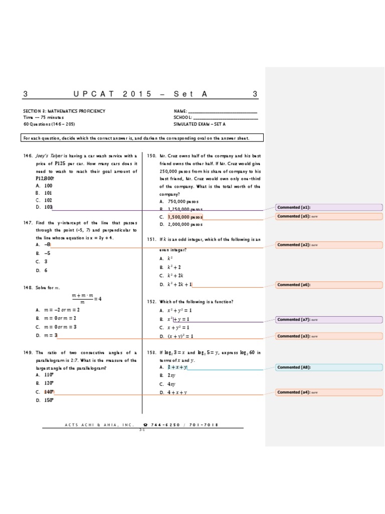 Upcat 2015 - Simulated Exam - Set A - Section 3 - Mathematics ...