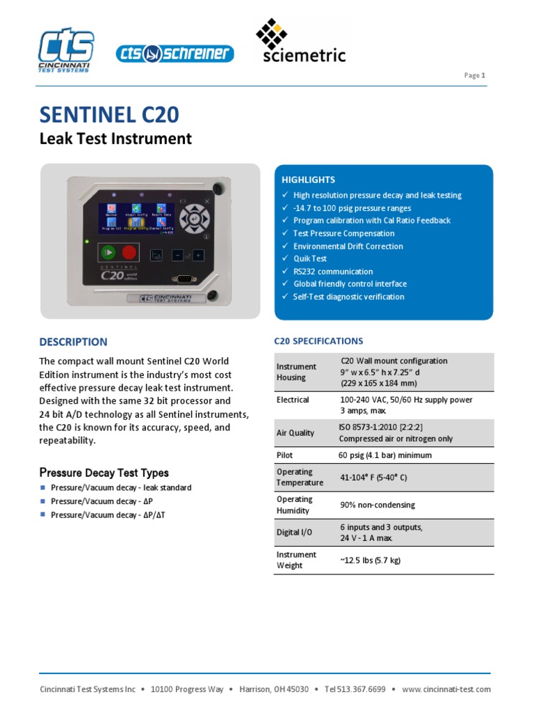 Sentinel C20: Leak Test Instrument | PDF | Calibration | Menu (Computing)