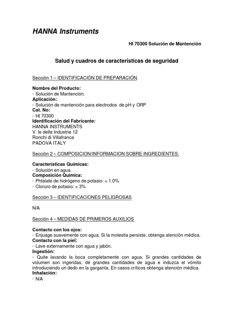 Safety Data Sheet for HANNA Instruments HI 70300 Maintenance Solution ...