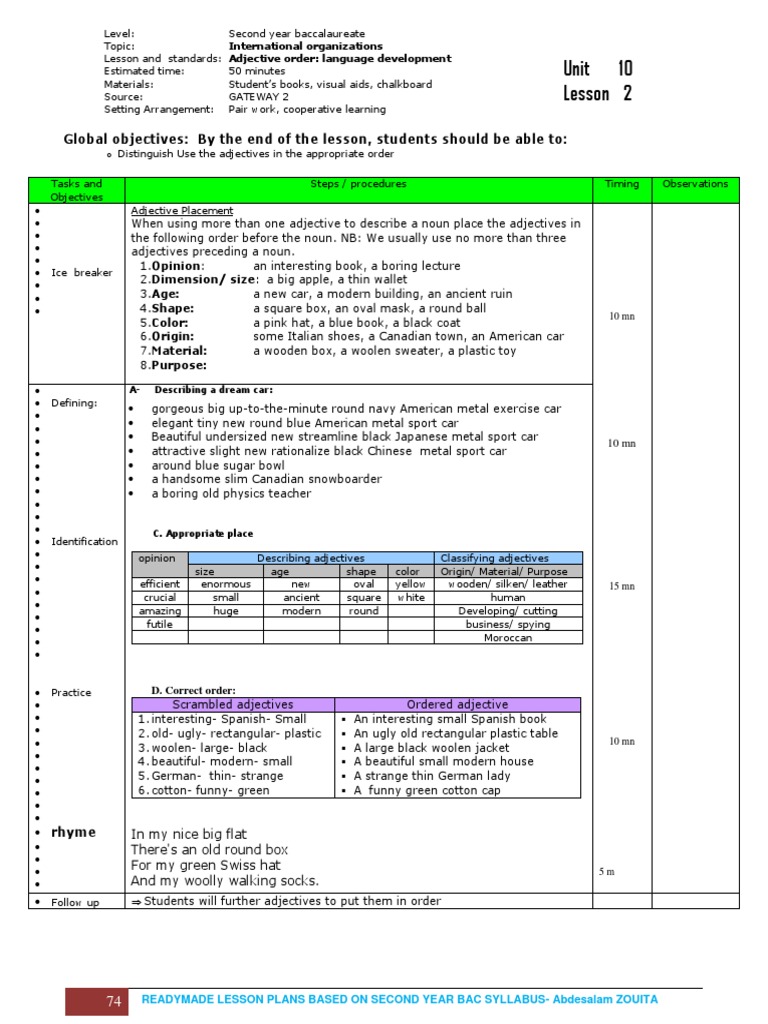 74 Lesson Plans for Adjective Order | PDF | Adjective