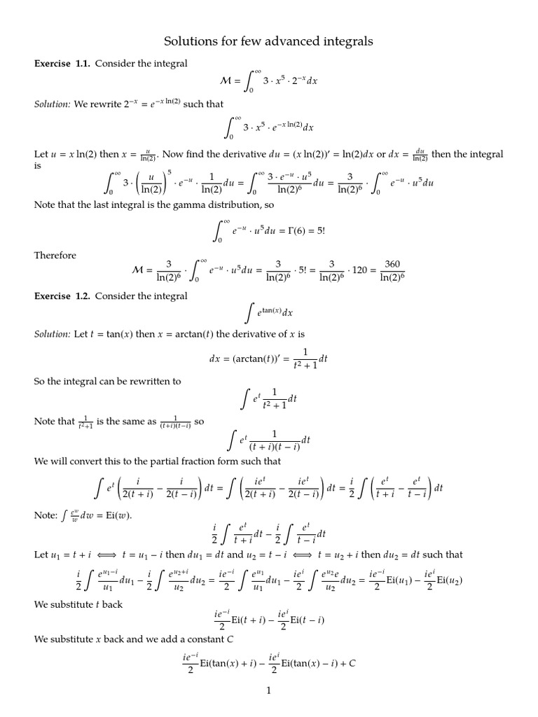Advanced Integrals Exercises Solutions | PDF | Mathematical Relations ...