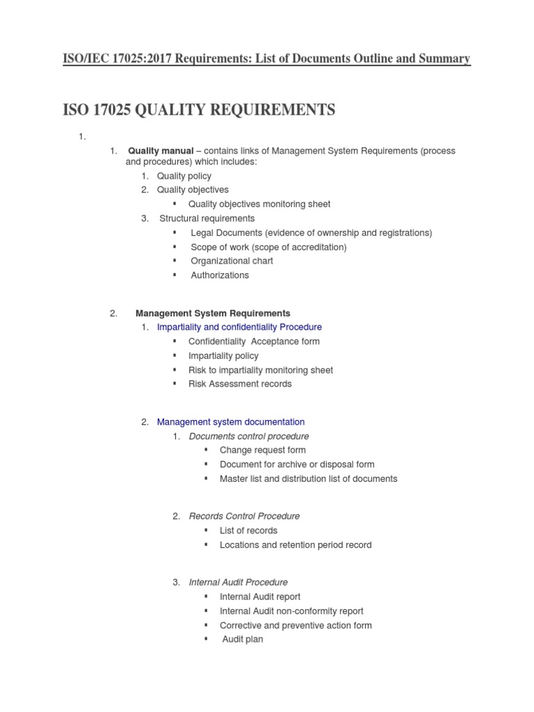 ISO-IEC 17025-2017 Requirements List of Documents Outline and Summary ...