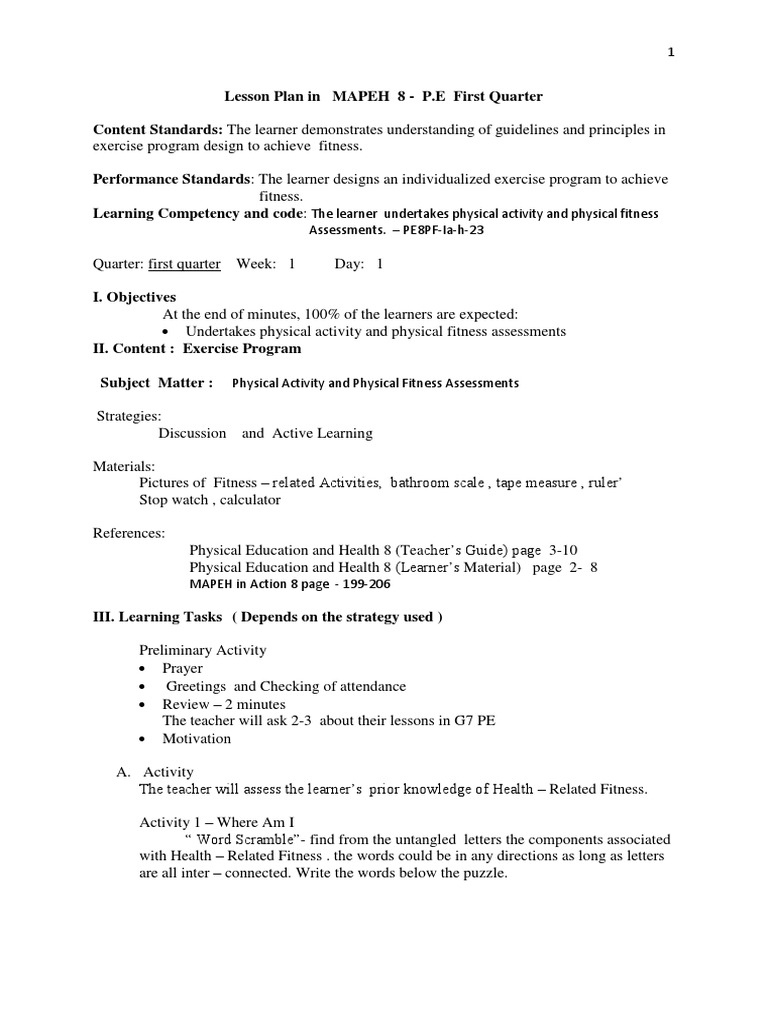 DLP q1 P.E 8 | PDF | Physical Fitness | Lesson Plan