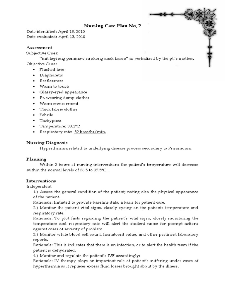 Nursing Care Plan No, 2: Assessment | PDF | Hyperthermia | Fever