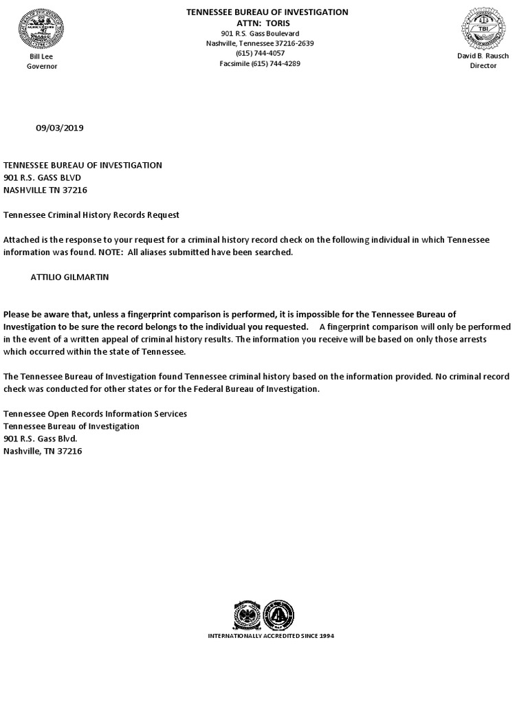 TBI Criminal History Report For Attilio Gilmartin | PDF | Probation ...