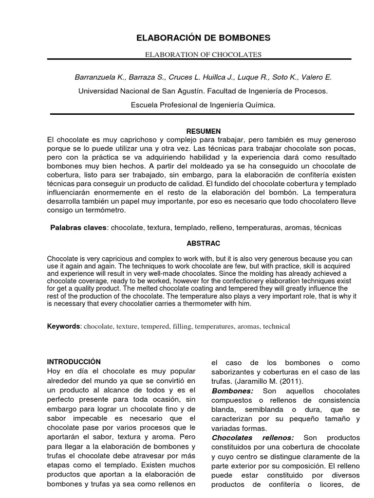 Proceso de elaboración de bombones rellenos de chocolate con análisis de resultados | PDF ...