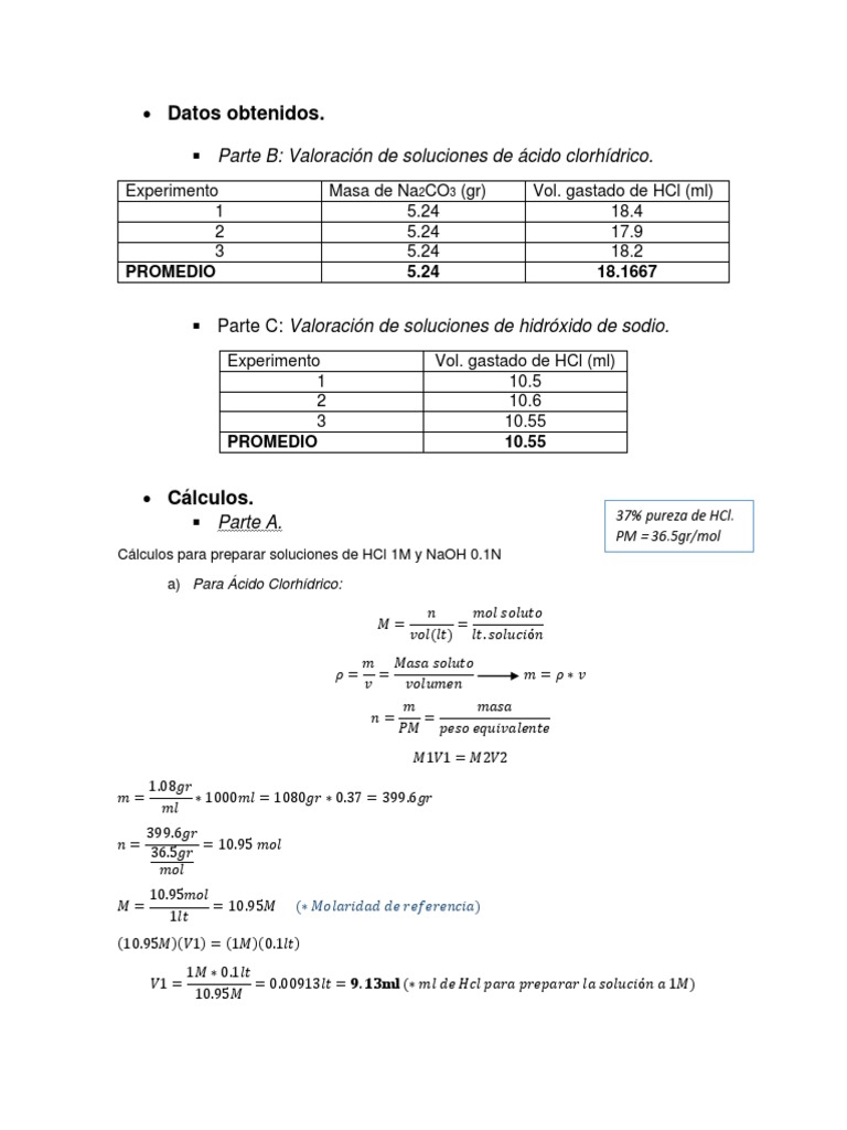 Resultados de valoraciones ácido-base y cálculos de concentraciones de soluciones | PDF | Ácido ...
