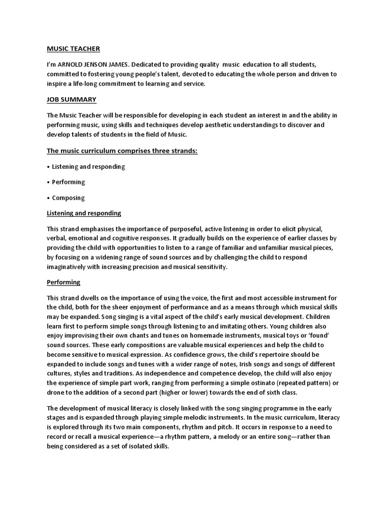 Music Teacher Profile and Curriculum Guide | PDF | Music Education ...