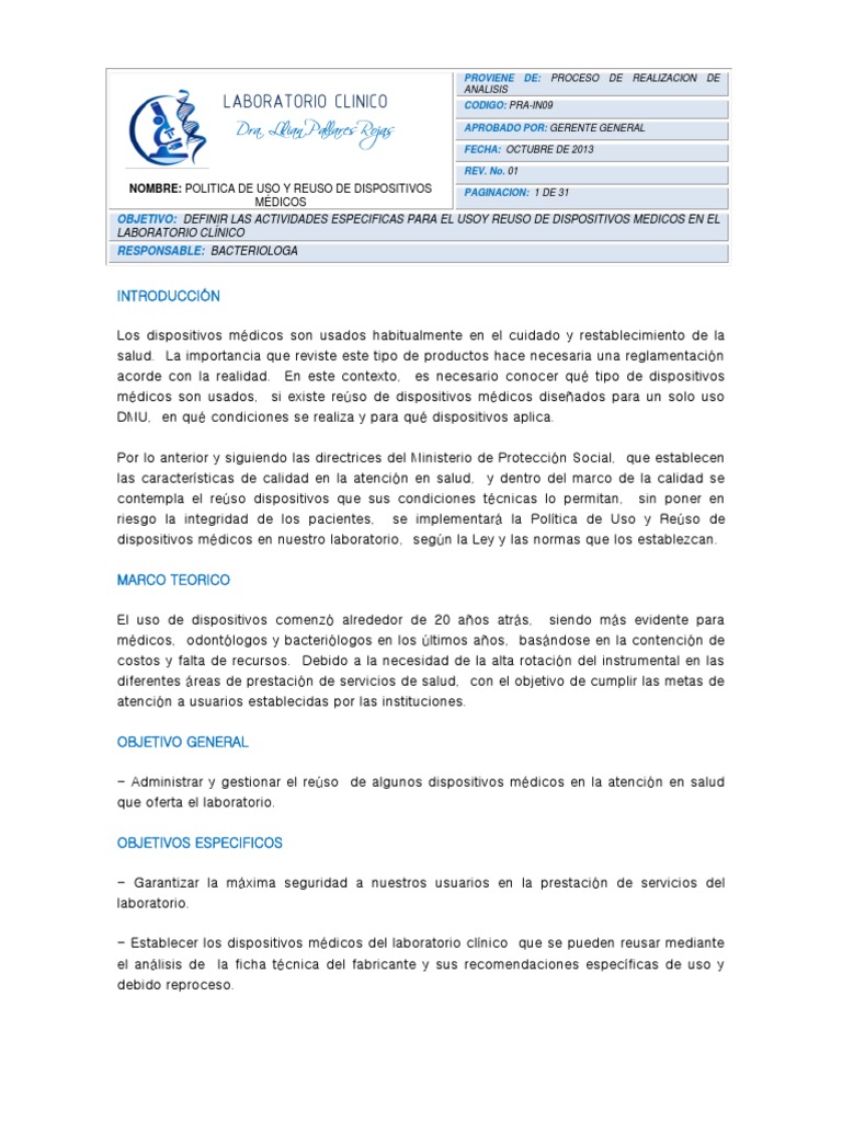 Manual de Uso y Reuso de Dspositivos Medicos | PDF | Laboratorios | Esterilización (Microbiología)