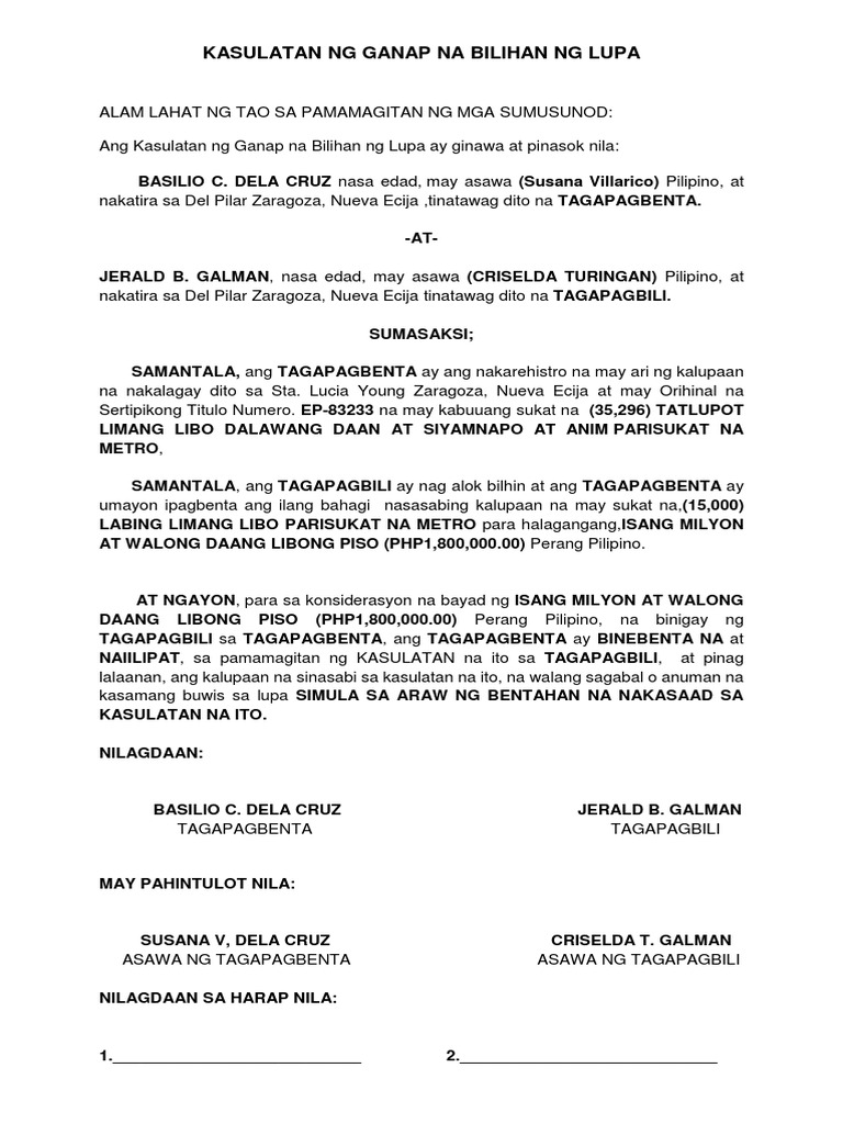 Deed of Absolute Sale Tagalog | PDF