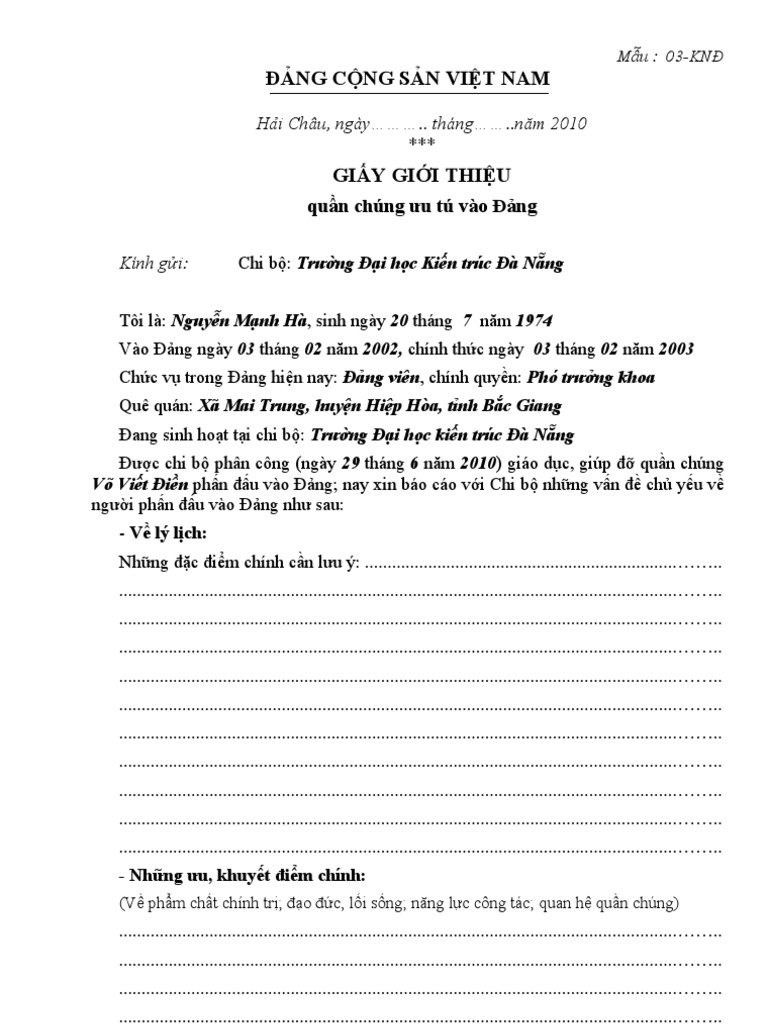 Mau 3-KND - Giay Gioi Thieu Nguoi Vao Dang | PDF