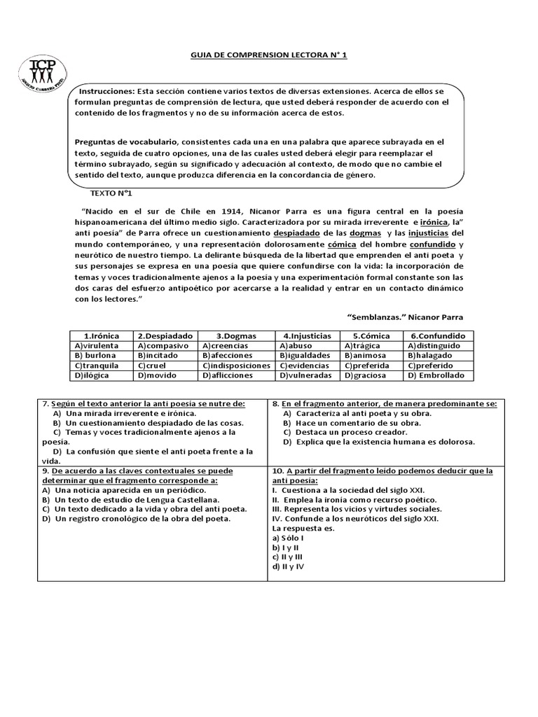 Guia Comprension Lectora 1 | PDF | Poesía | Comprensión lectora