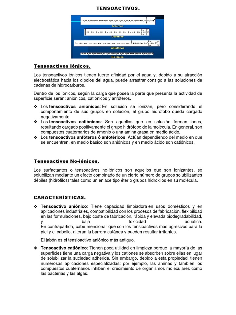 Tipos y Usos de Tensoactivos Iónicos y No-Iónicos | PDF | Tensioactivo ...