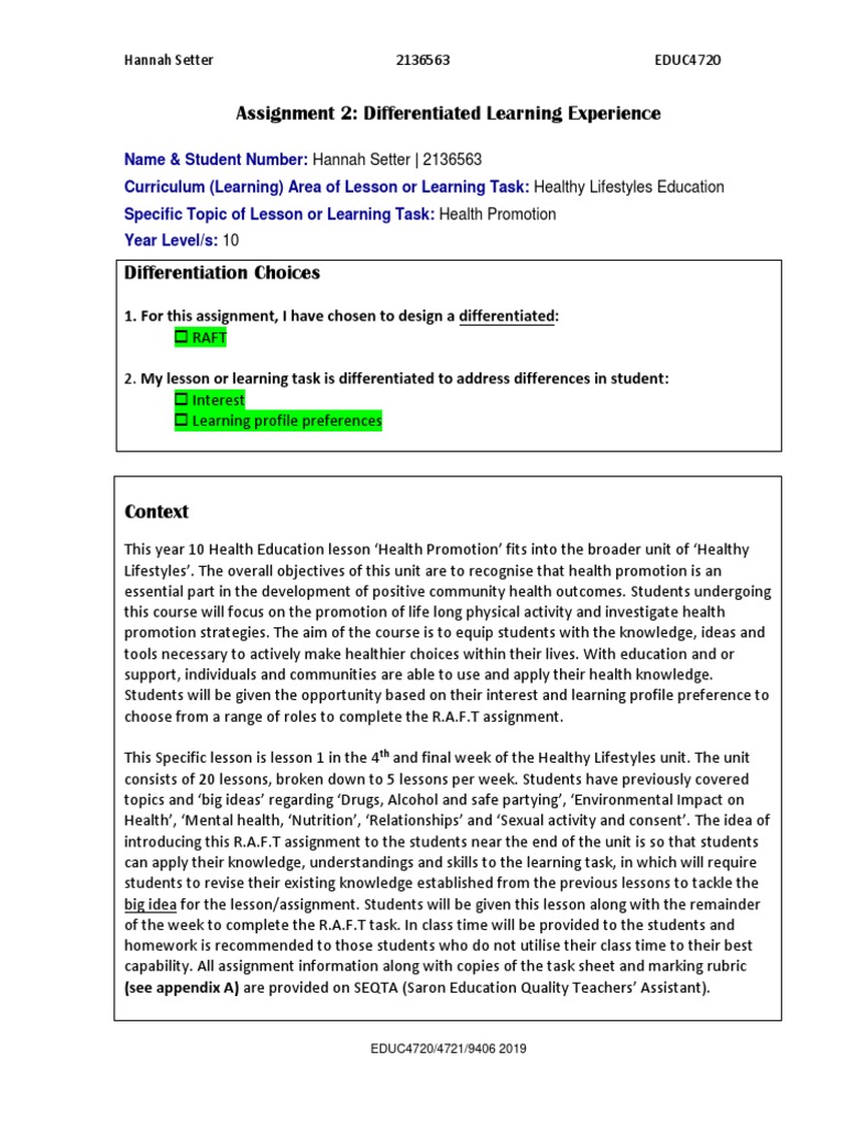 Assignment 2: Differentiated Learning Experience: 1. For This ...