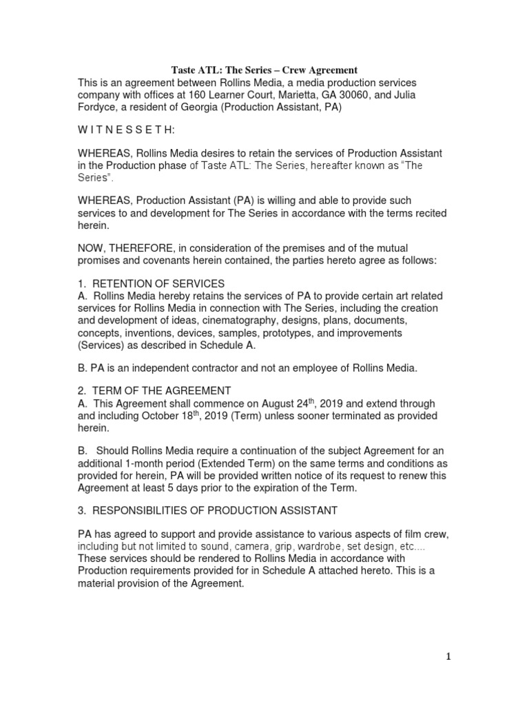 Taste ATL: The Series - Crew Agreement: TH TH | PDF | Service Of ...