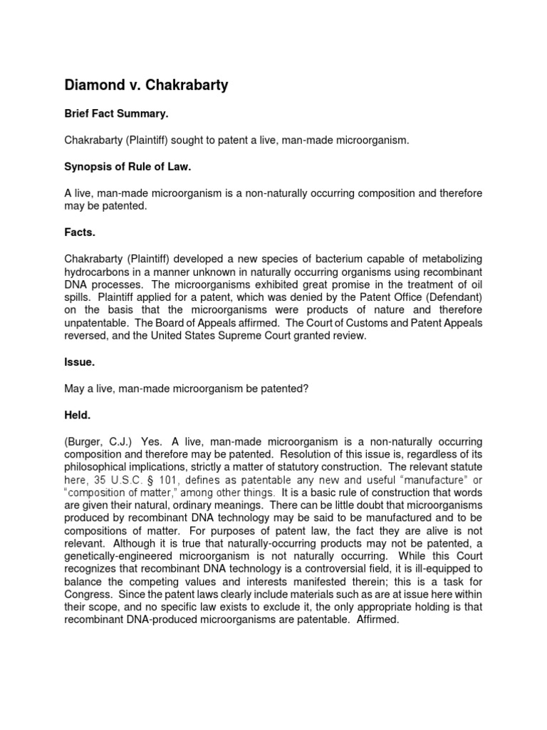 Diamond v. Chakrabarty: Brief Fact Summary | PDF | Patent | Patent ...