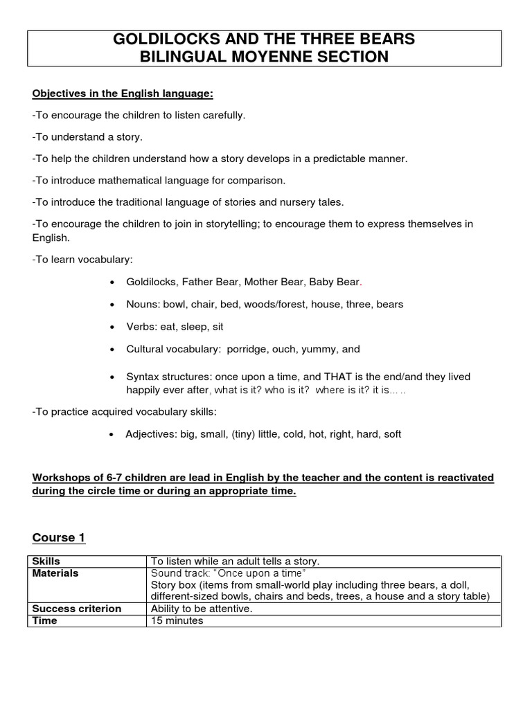 Goldilocks and The Three Bears Bilingual Moyenne Section: Objectives in ...