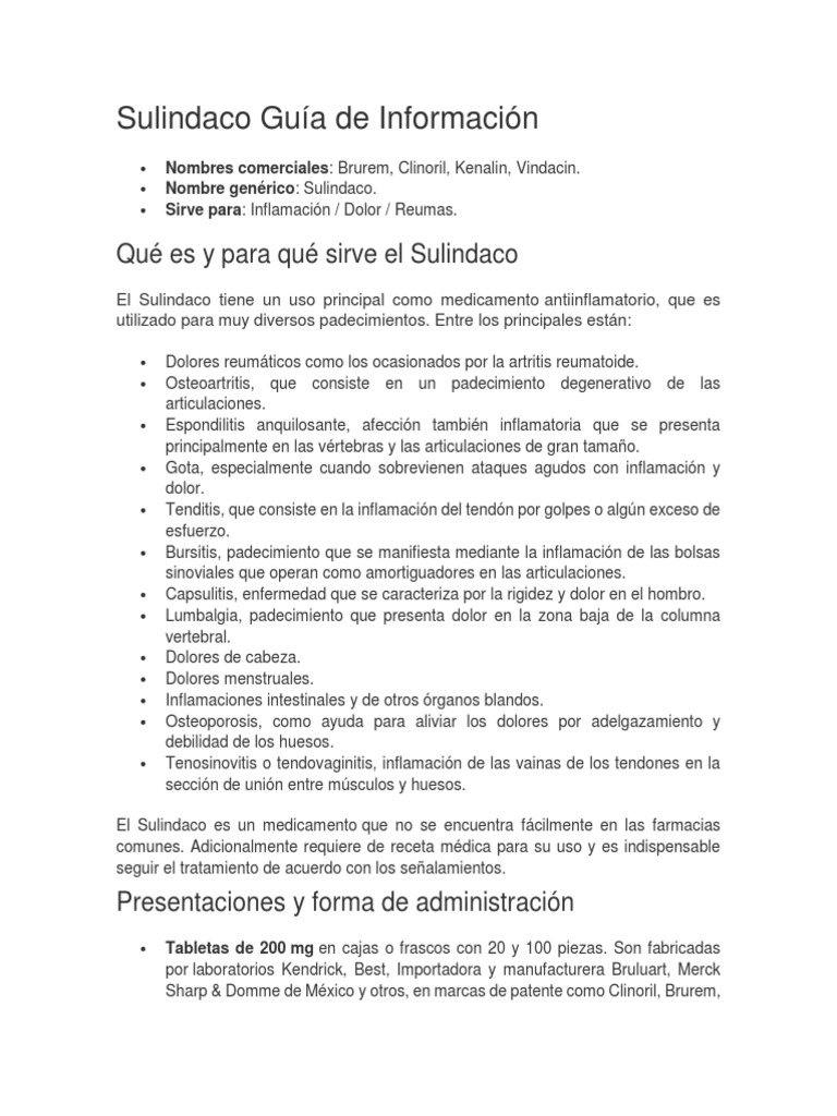 Guía completa sobre el Sulindaco: usos, presentaciones ...