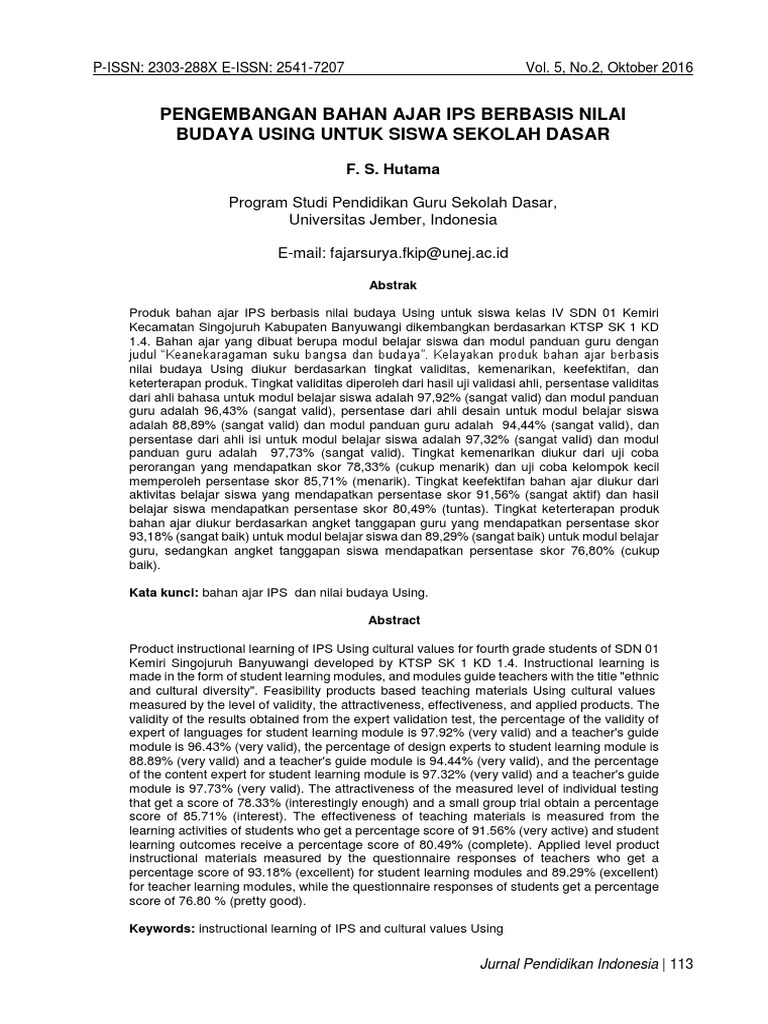 1 - 9 J-Pengembangan Bahan Ajar IPS Berbasis Nilai Budaya Using Untuk Siswa SD | PDF