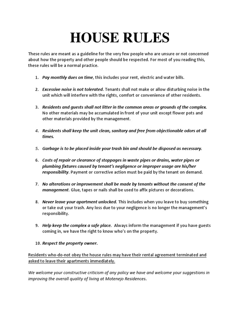 Tenant Guidelines for Motenejo Residences | PDF