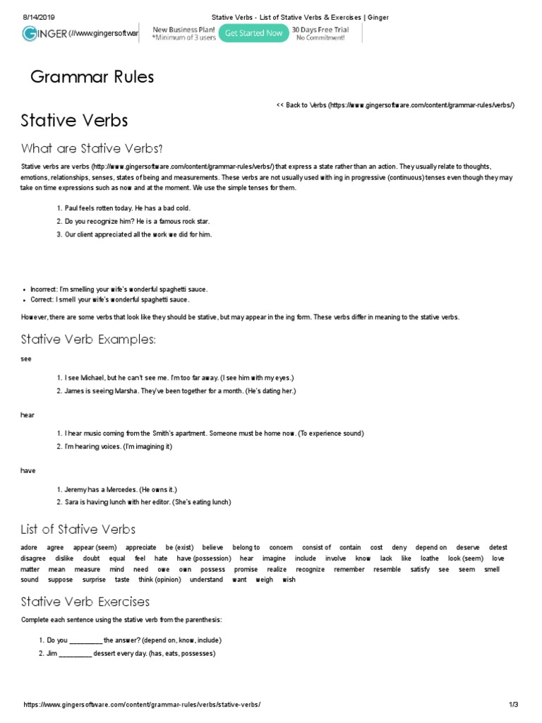 Stative Verbs List Of Stative Verbs Exercises Ginger Pdf