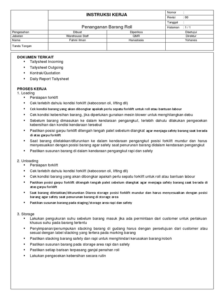 Instruksi Kerja Penanganan Barang Jenis Roll | PDF