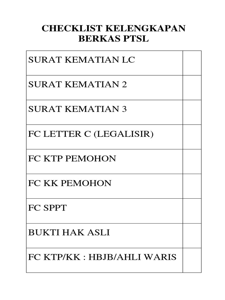 Checklist Kelengkapan Berkas PTSL | PDF