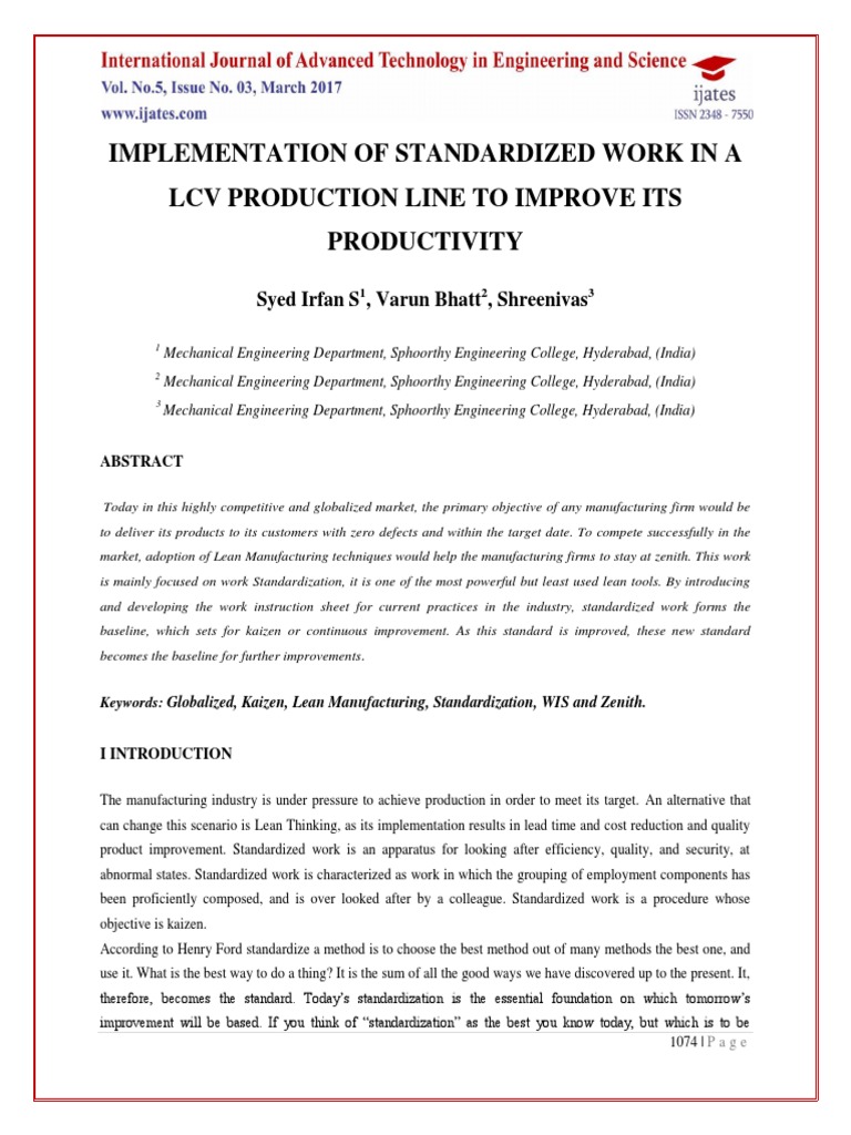 Implementation of Standardized Work in A LCV Production Line To Improve ...