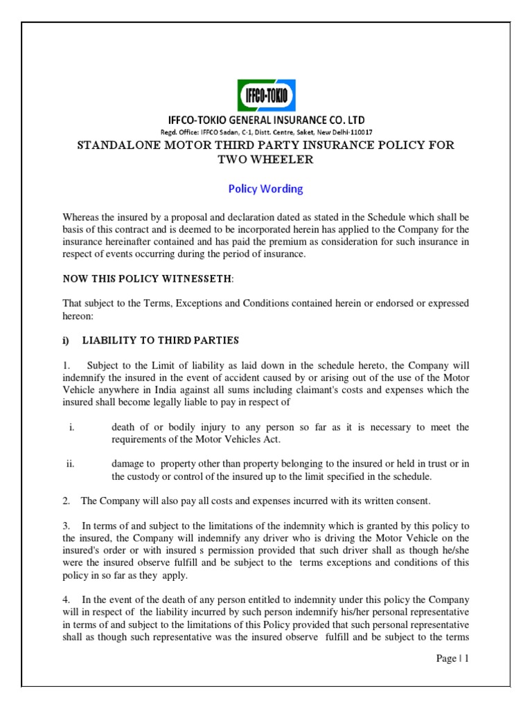 Standalone Motor Third Party Insurance Policy For Two Wheeler | PDF ...