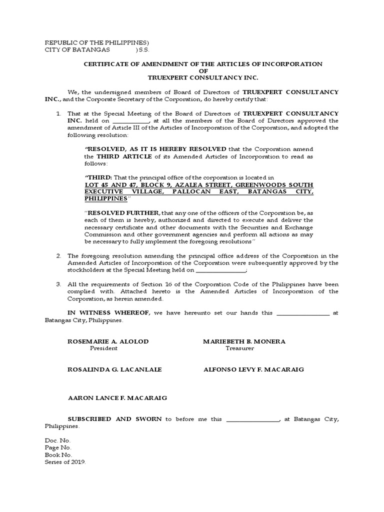 Amended Articles of Incorporation | PDF | Corporations | Manila