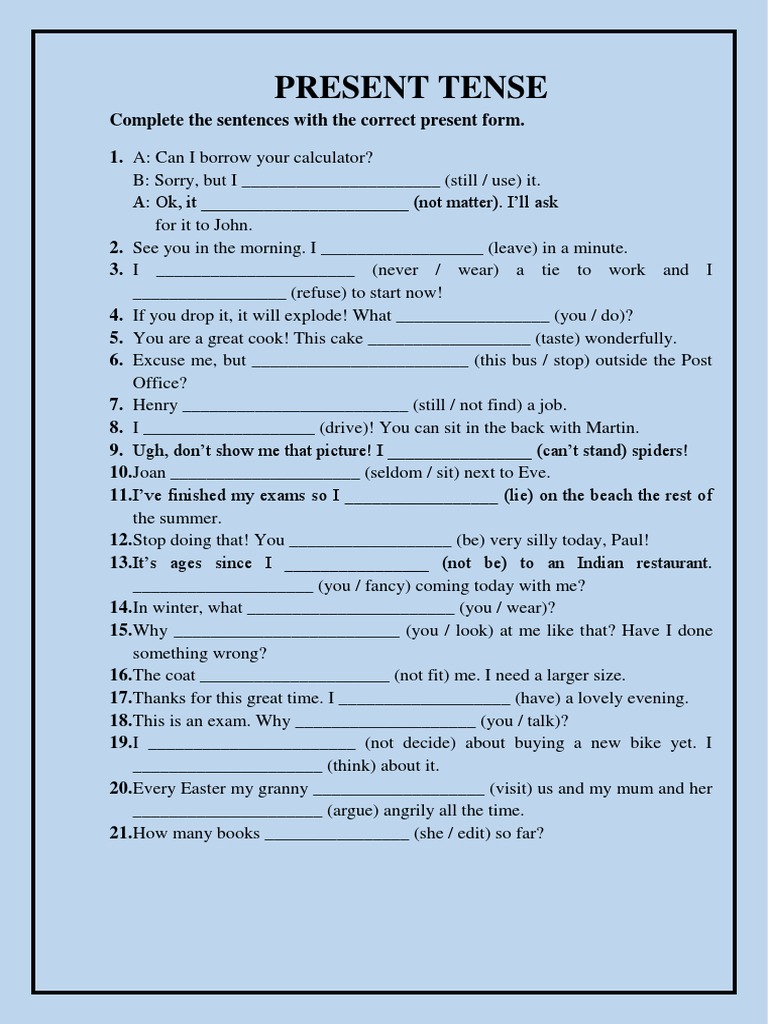 Present Tense Sentence Completion Exercise | PDF | Self-Improvement