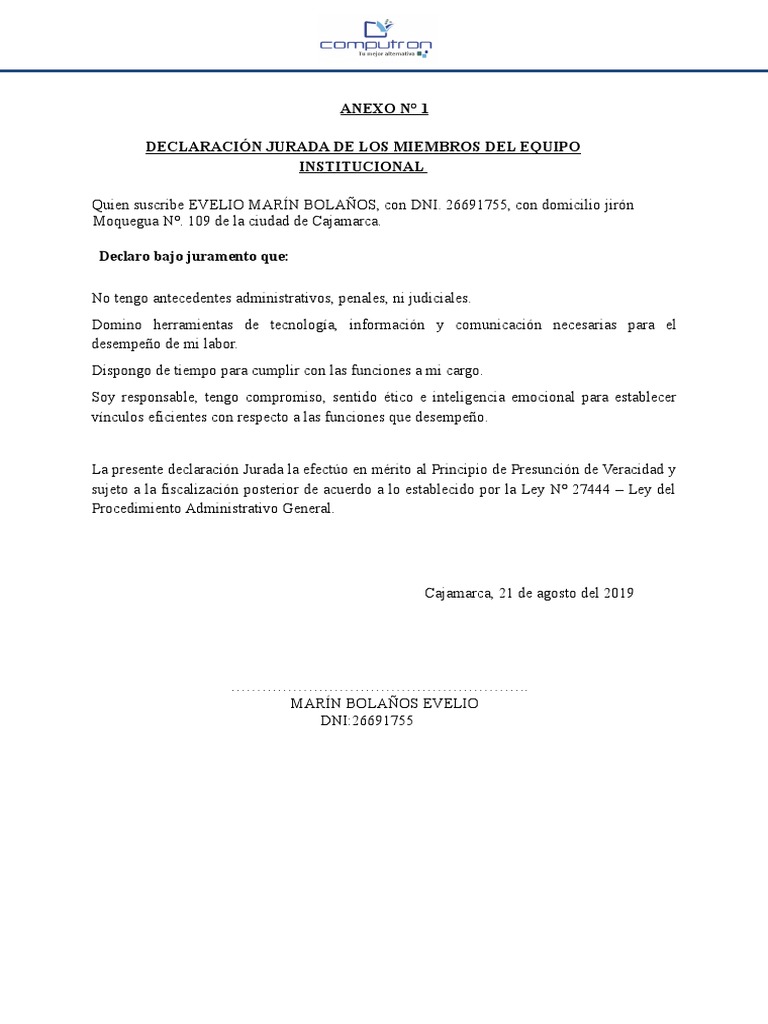 Anexo 1 Declaración Jurada | PDF