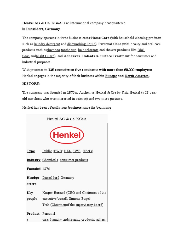 Henkel Ag & Co. Kgaa Is An International Company Headquartered | PDF ...
