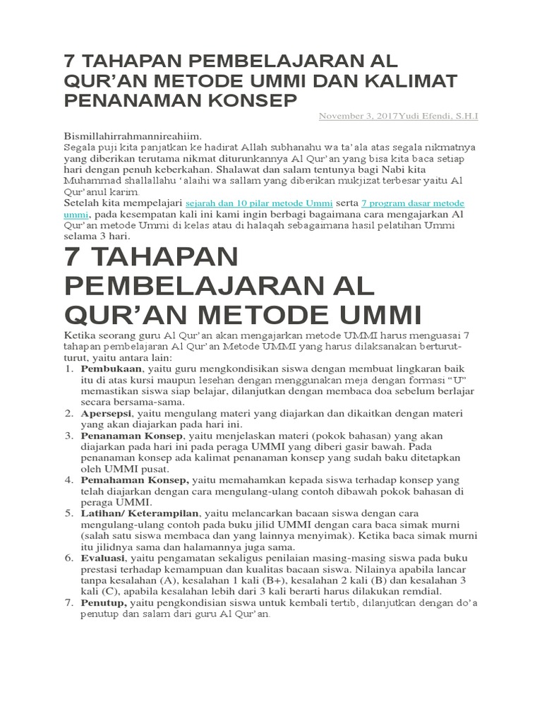 7 Tahapan Pembelajaran Al Quran Metode Ummi | PDF