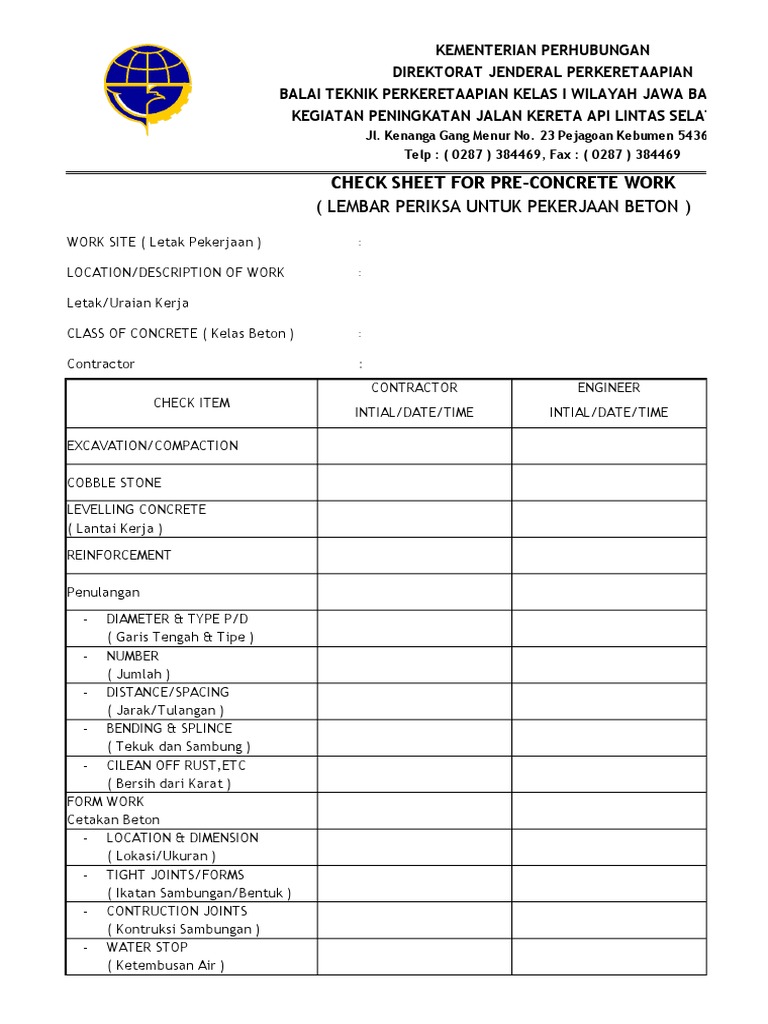 Format Ceklist Pekerjaan Beton | PDF