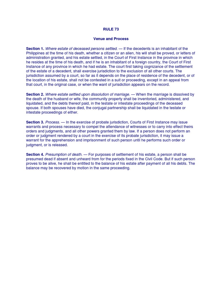 Rule 73 Venue and Process Section 1. Where Estate of Deceased Persons ...