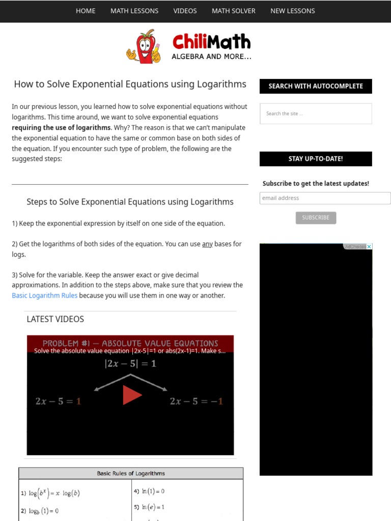 Solving Exponential Equations Using Logarithms - ChiliMath | PDF | Logarithm | Exponentiation