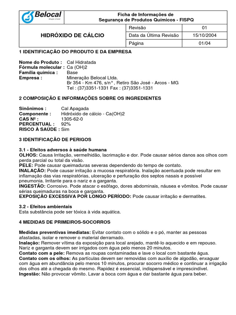 FISPQ CAL HIDRATADA | Combustão | Oxigênio