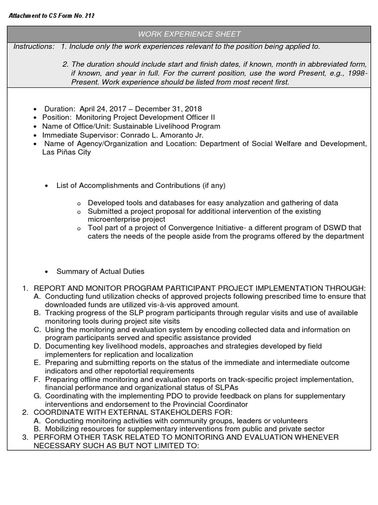 Cs Form No. 212 Attachment - Work Experience Sheet 1 | PDF | Monitoring ...