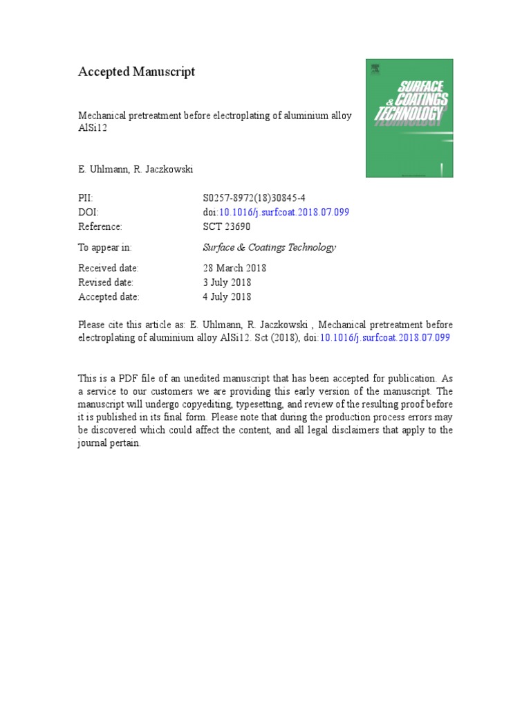 Mechanical Pretreatment Before Electroplating of Aluminium Alloy AlSi12 ...