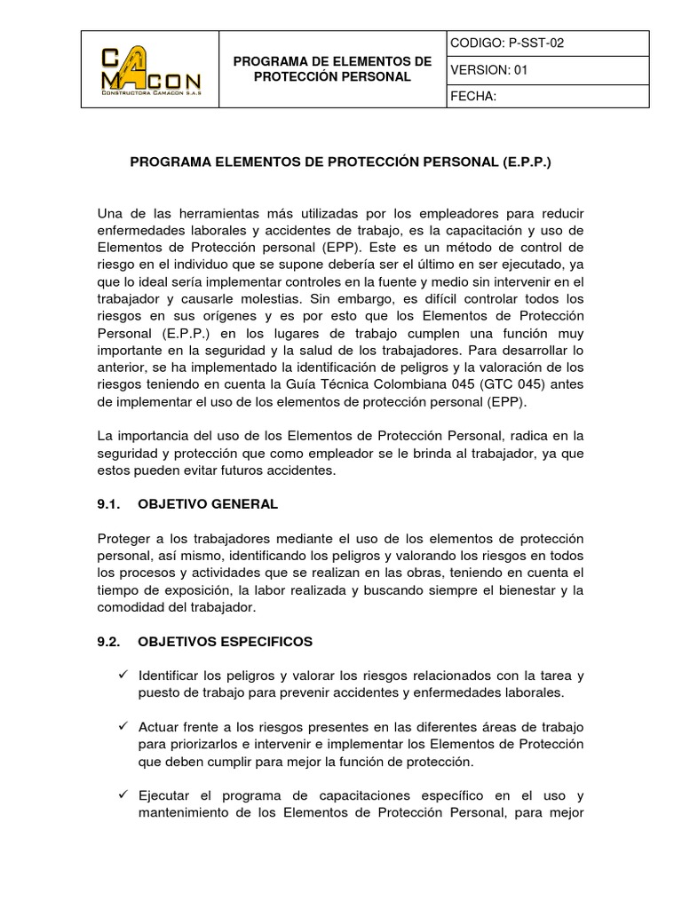 Programa EPP protección trabajadores | PDF | Guante | Derecho laboral