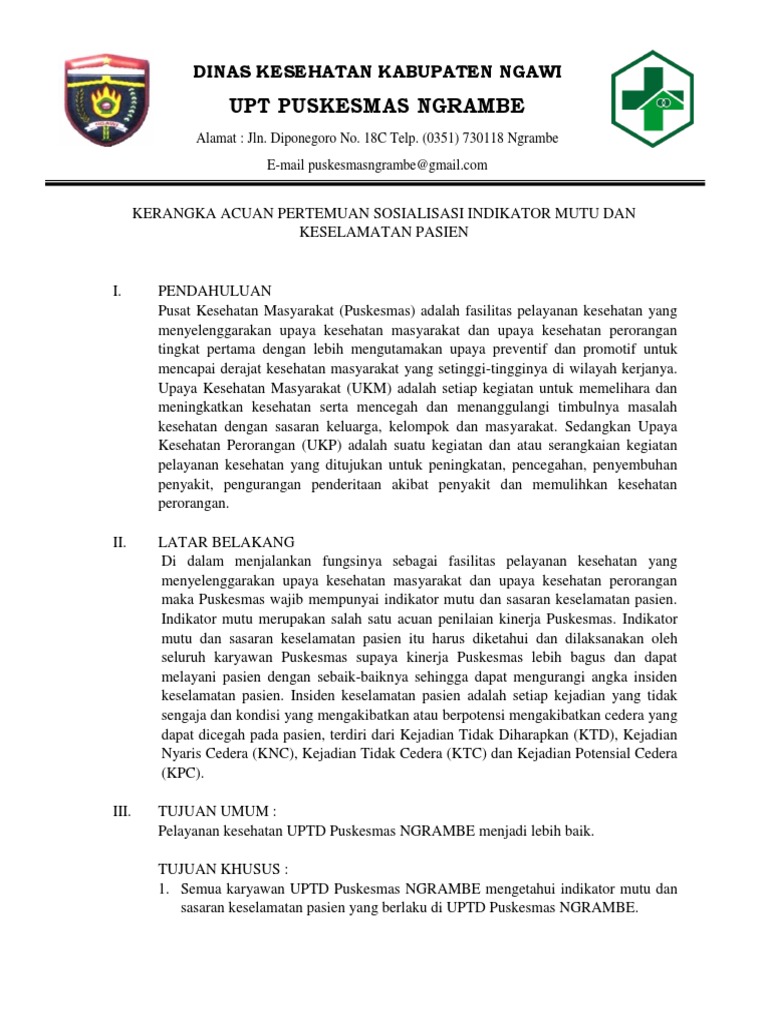 KAK Sosialisasi Indikator Mutu Dan Keselamatan Pasien | PDF