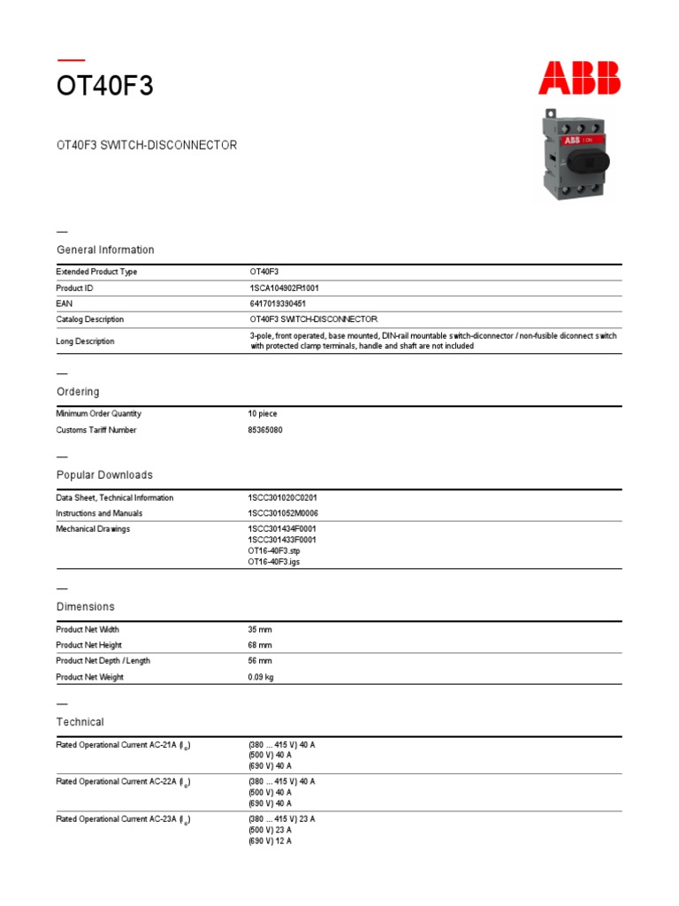 1SCA104902R1001 Ot40f3 Switch Disconnector | PDF | Electrical Equipment | Electrical Engineering