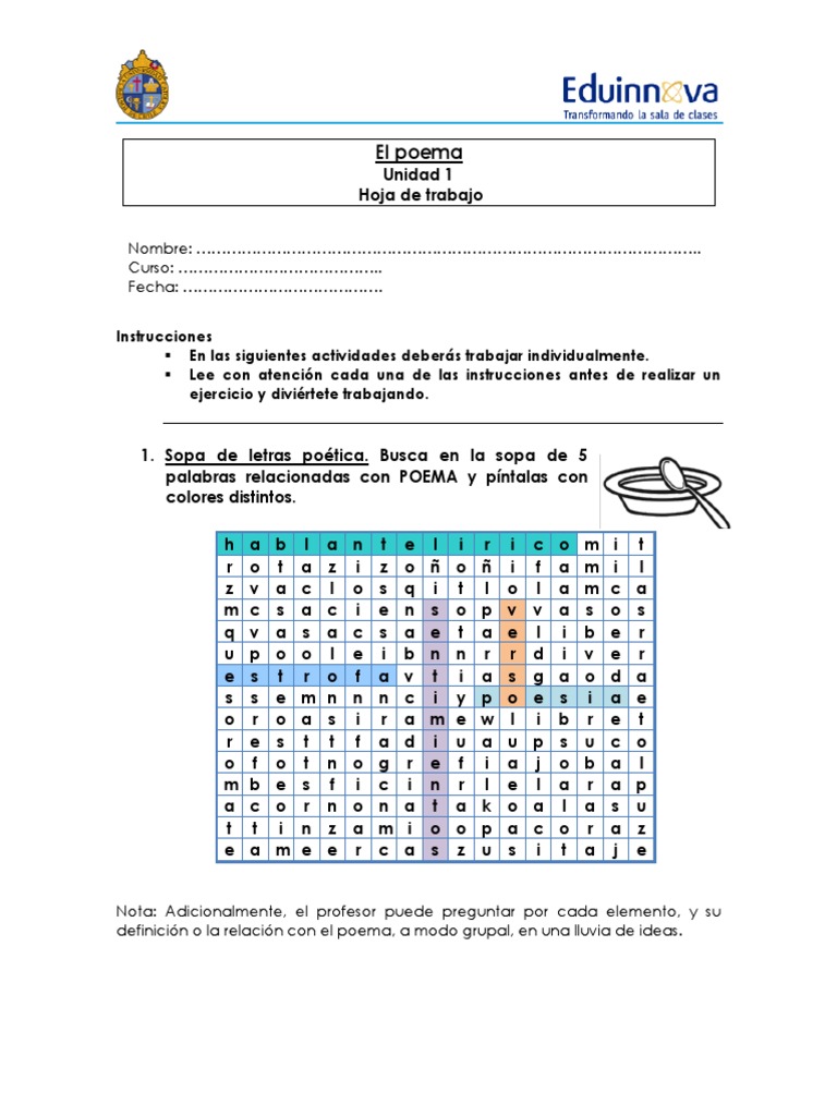 03b Hoja de Trabajo - El Poema - Respuestas para El Profesor | PDF ...