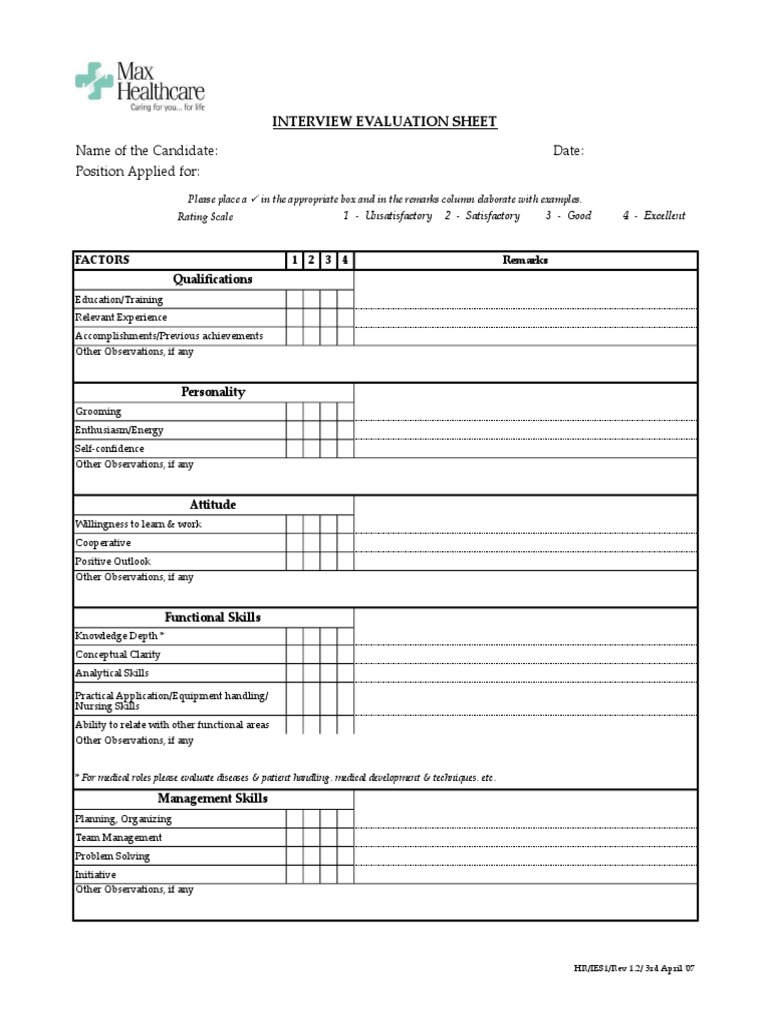 Interview Evaluation Form | PDF | Nursing | Evaluation