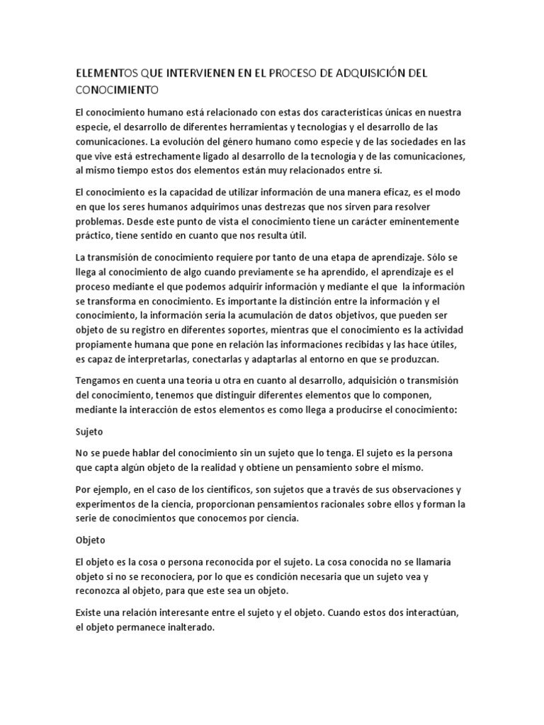 Elementos Que Intervienen en El Proceso de Adquisición Del Conocimiento | Conocimiento | Información