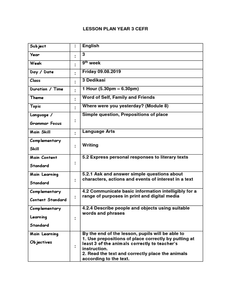 Lesson Plan Day 5 (Language Arts) 09.08.19 Year 3 | PDF | Lesson Plan ...