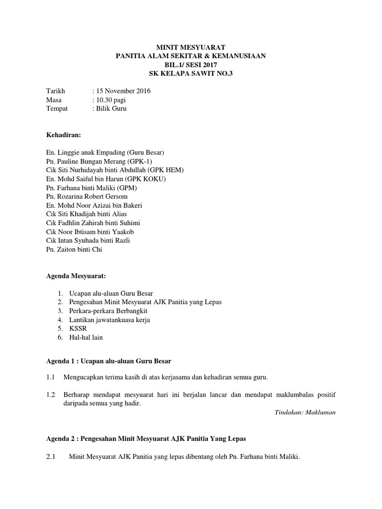 Minit Mesyuarat Panitia PSV | PDF