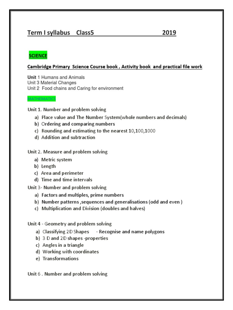 Term I Syllabus Class5 | PDF | Teaching Methods & Materials